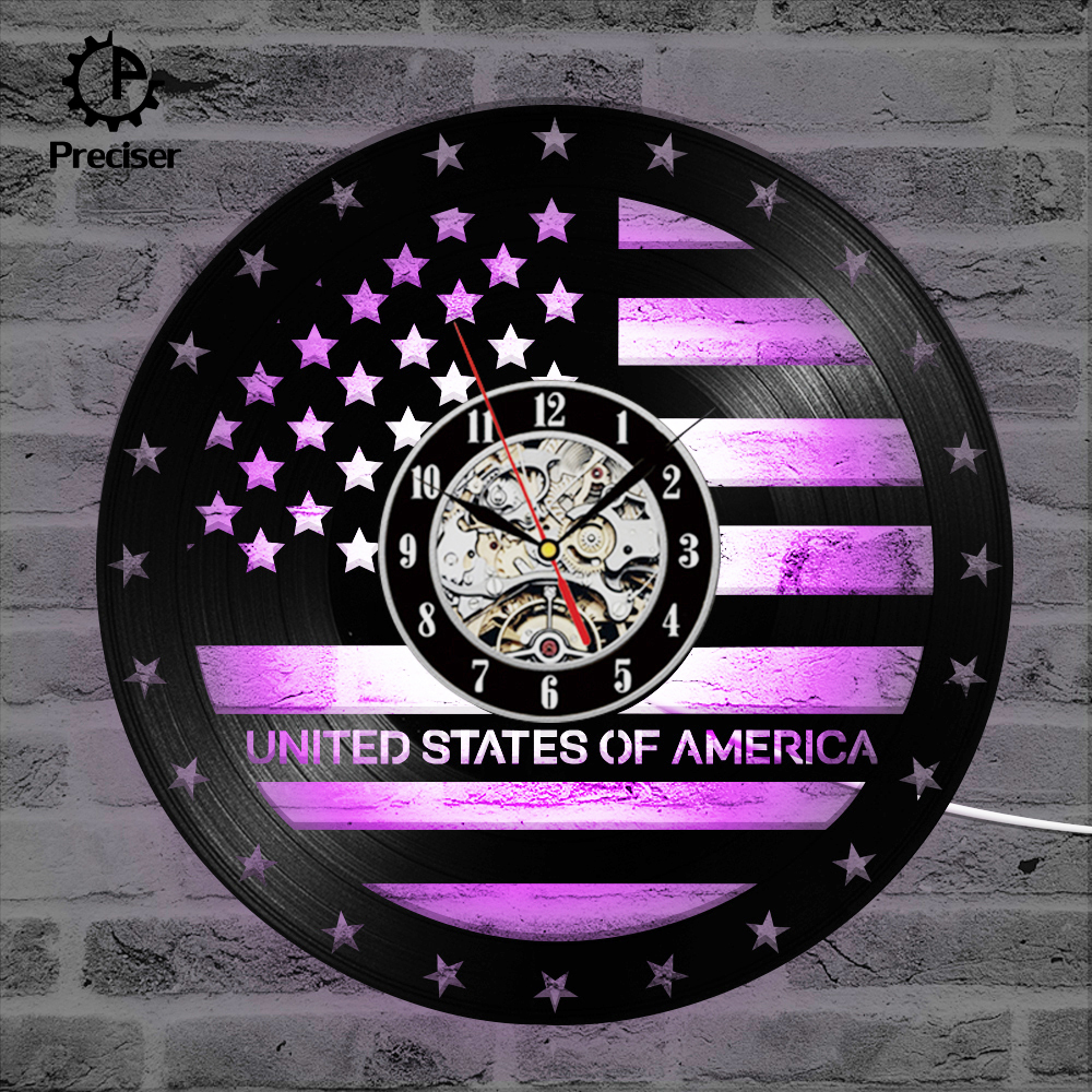 Preciser Round Hollow USA Flag Vinyl Record Clock Creative Independence ...